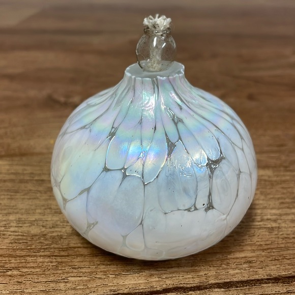 Balos | Art | Hand Blown Iridescent Art Glass Oil Lamp Round White 4 ...